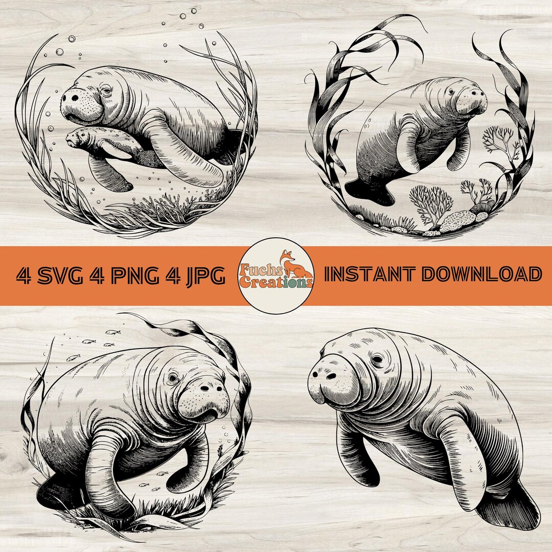 Engraving Style Manatee SVG Bundle: Ocean Animal Clipart (digital ...