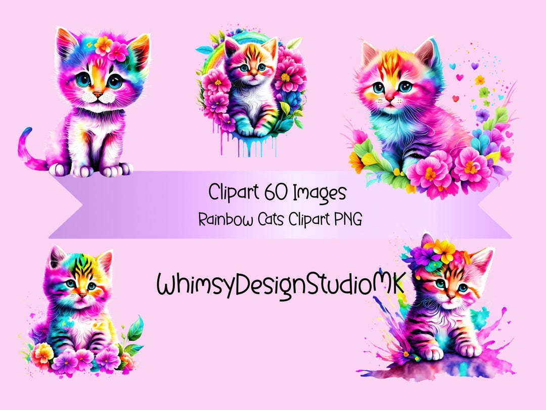 Rainbow Cats Clipart, Cute Cat Illustrations, Digital Art, Animal ...