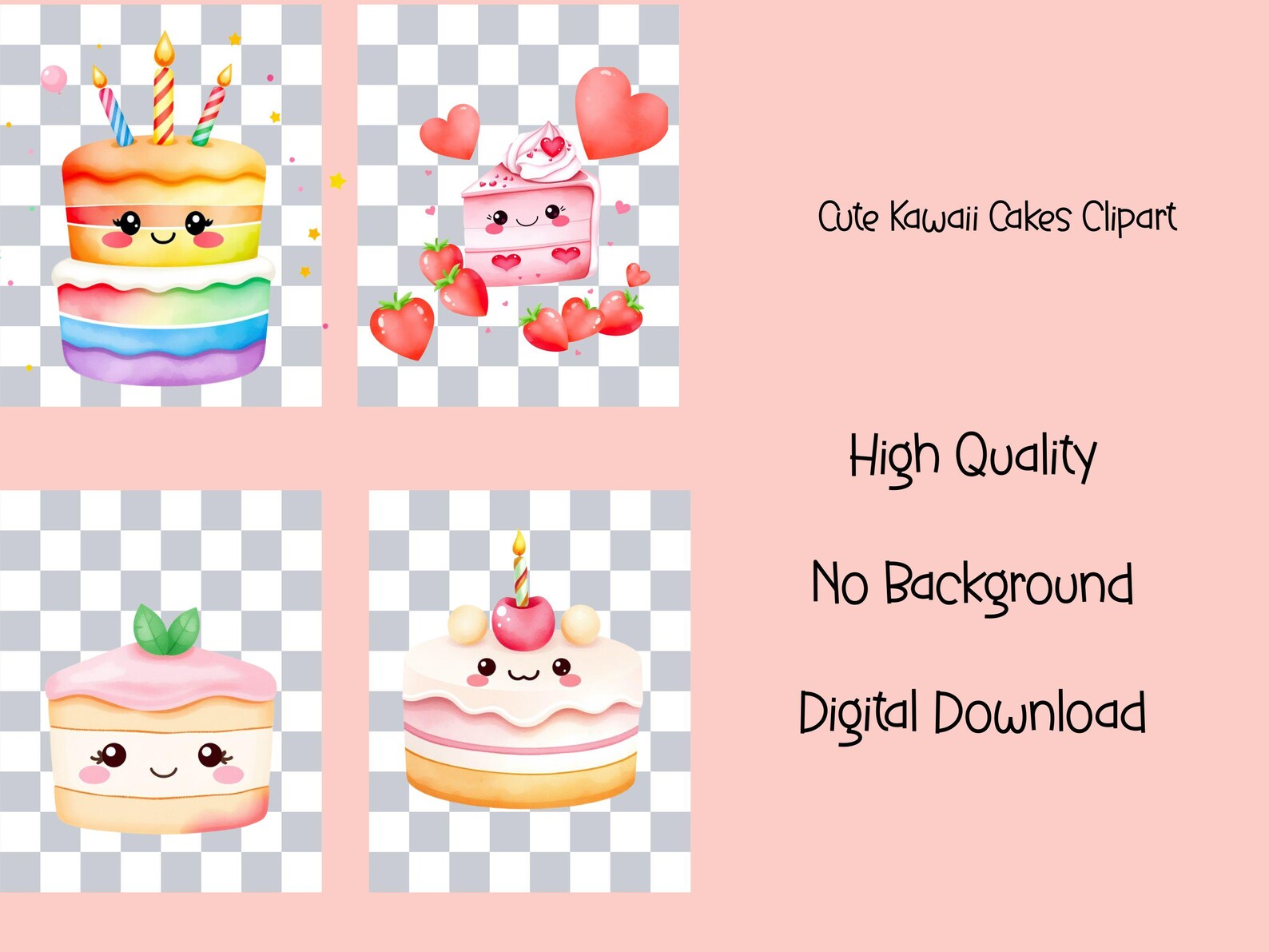 Cute Kawaii Cakes Clipart, Kawaii Food Illustration, Cake Art, Digital ...