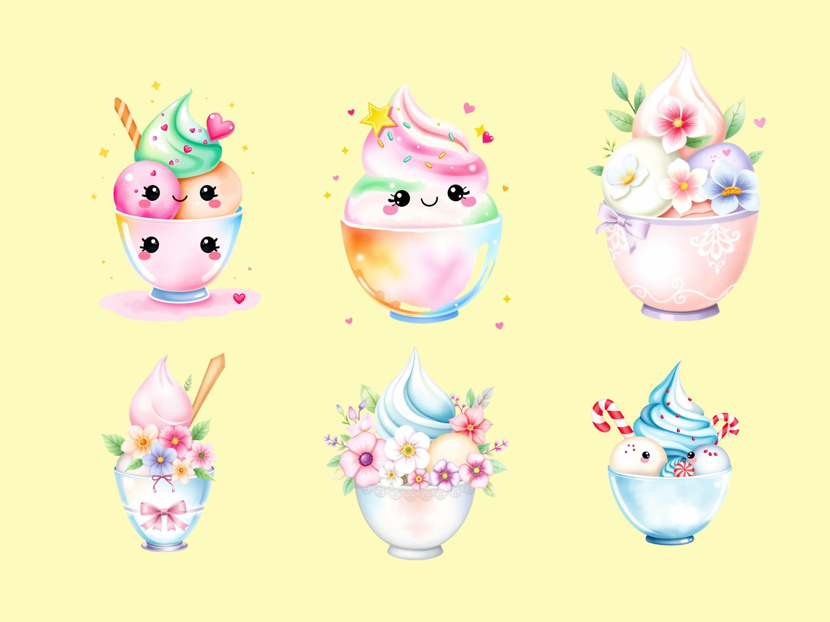 Cute Kawaii Ice Cream Clipart, Dessert Bowl Art, Cute Food, Digital Art ...