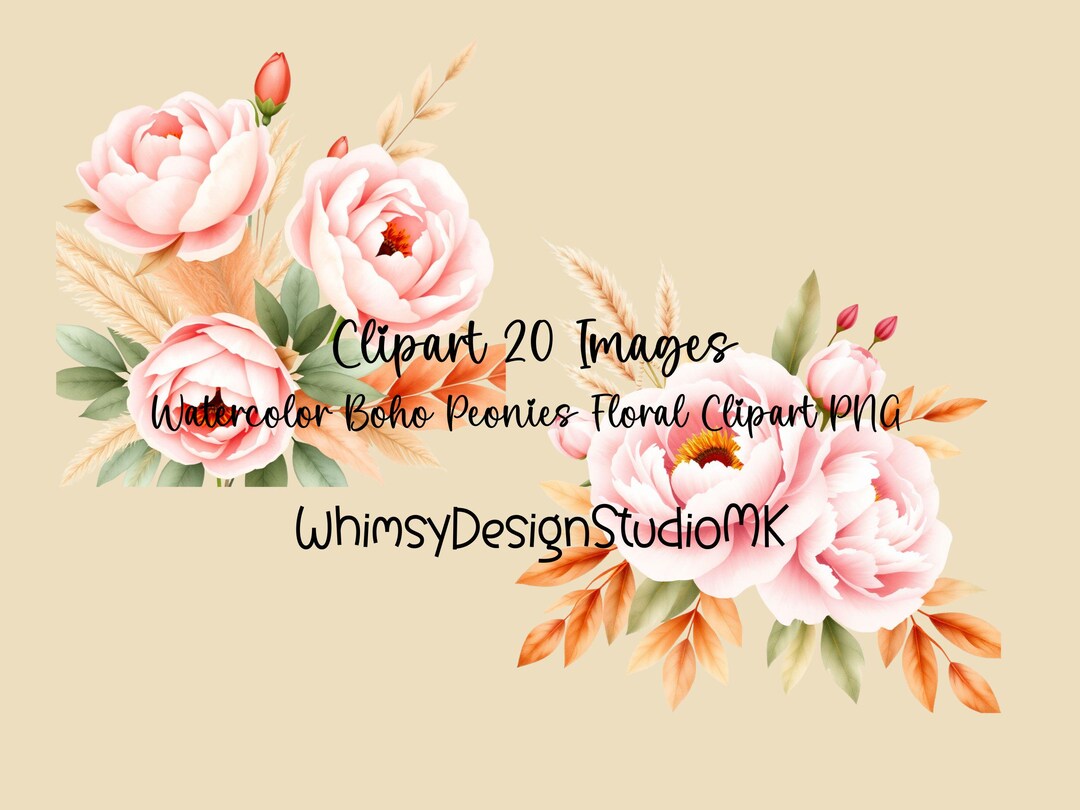 Boho Peony Watercolor Clipart | Hand‑painted Floral PNG Set | Botanical ...