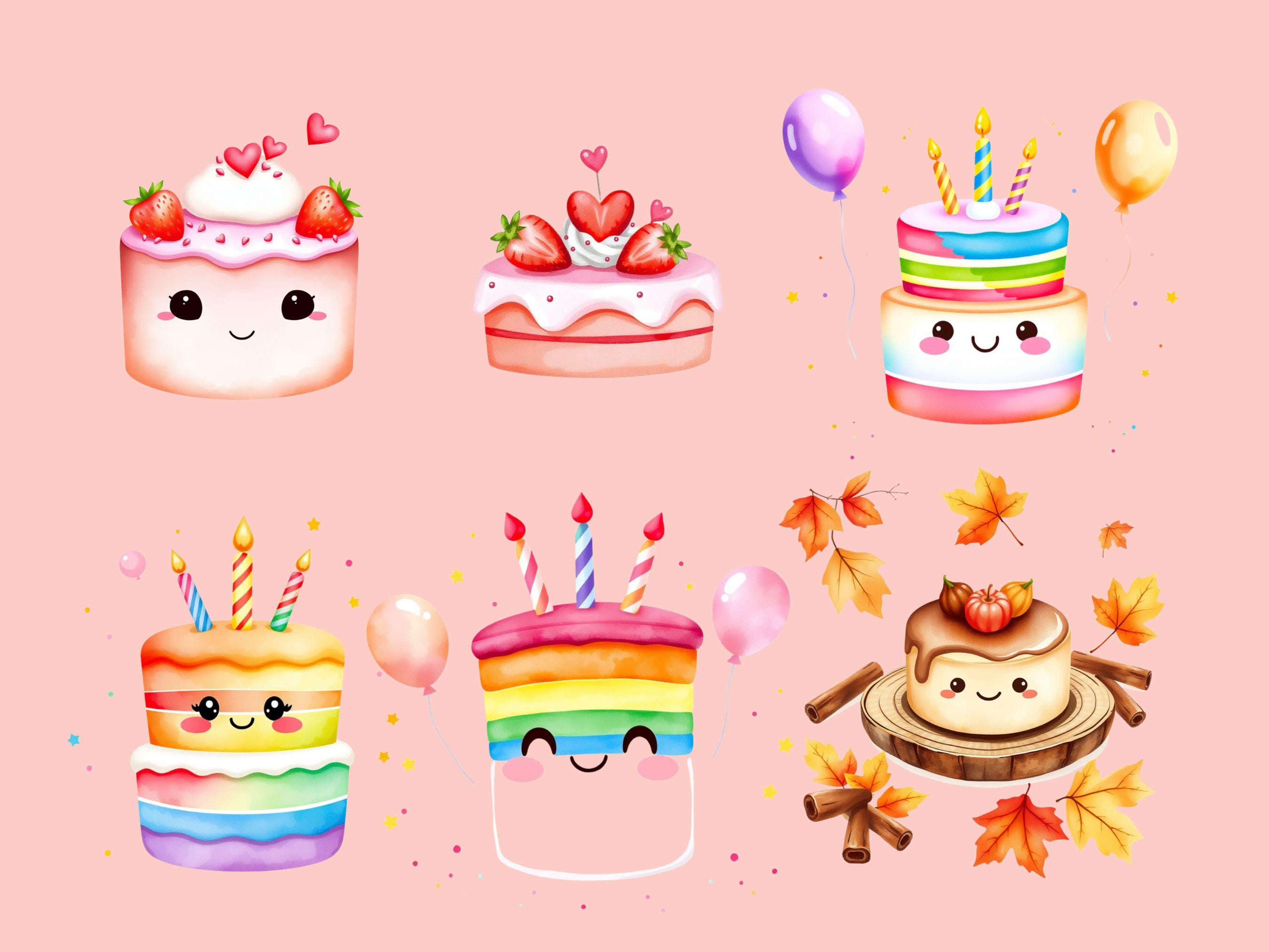 Cute Kawaii Cakes Clipart, Kawaii Food Illustration, Cake Art, Digital ...