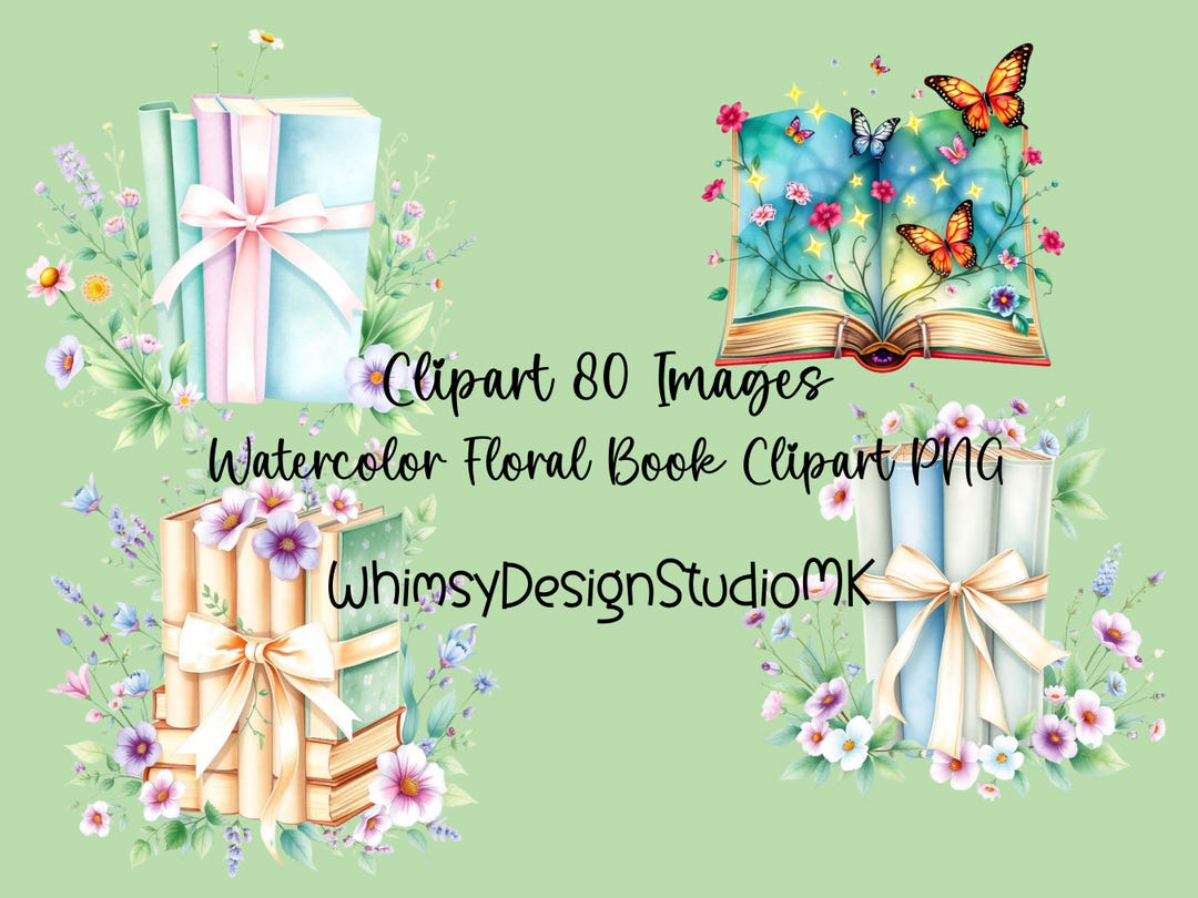 Watercolor Floral Book Clipart, Flower Watercolor, Book Lover Clipart ...