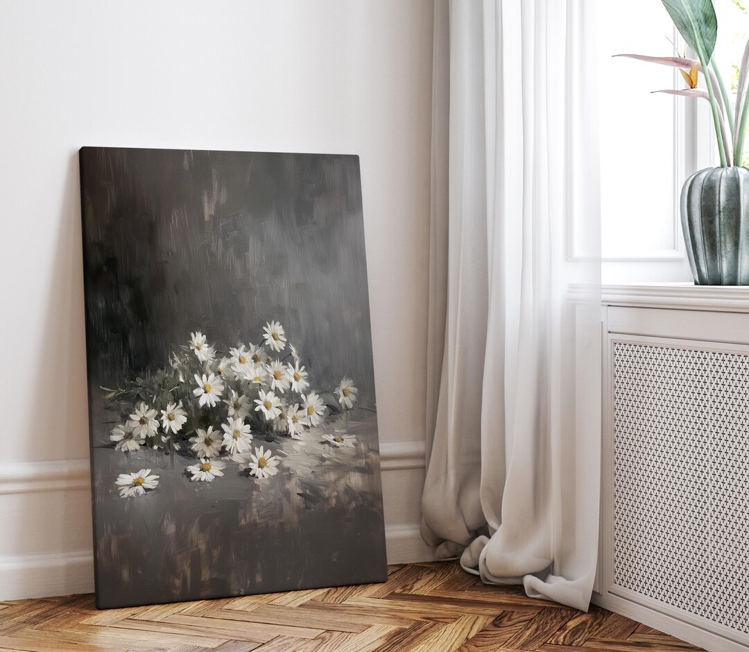 Black and White Muted Daisy Painting, Vintage Style Flower Wall Art ...