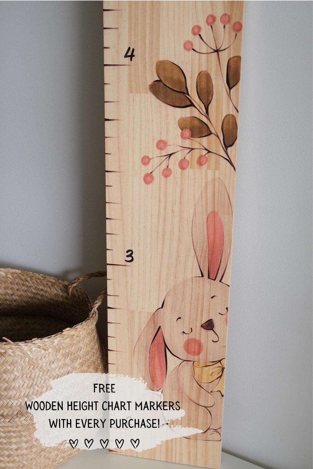 Wooden Bunny Growth Chart for Kids – Cute Wall Ruler for Nursery, Baby ...