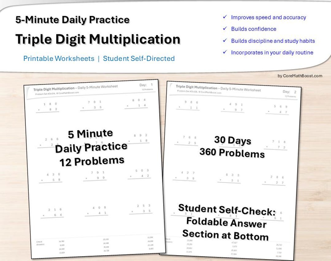 Daily 5-minute Multiplication Worksheets - Triple Digit X Double Digit ...