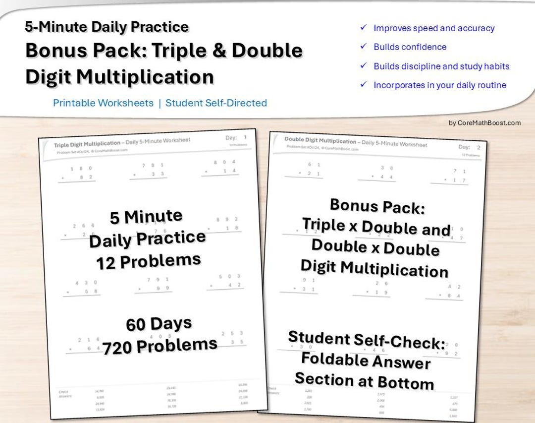Daily 5-minute Multiplication Worksheets - Bonus: Triple & Double Digit ...