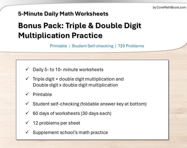 Daily 5-minute Multiplication Worksheets - Bonus: Triple & Double Digit ...