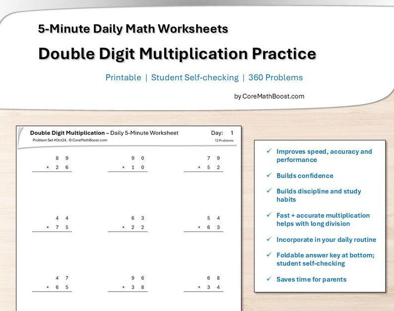 Daily 5-minute Multiplication Worksheets - Double Digit X Double Digit ...