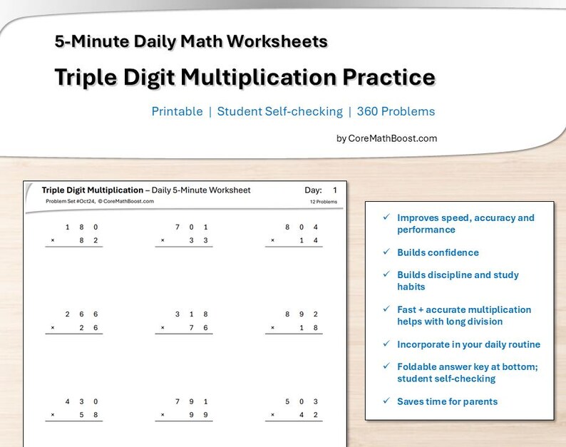 Daily 5-minute Multiplication Worksheets - Bonus: Triple & Double Digit ...