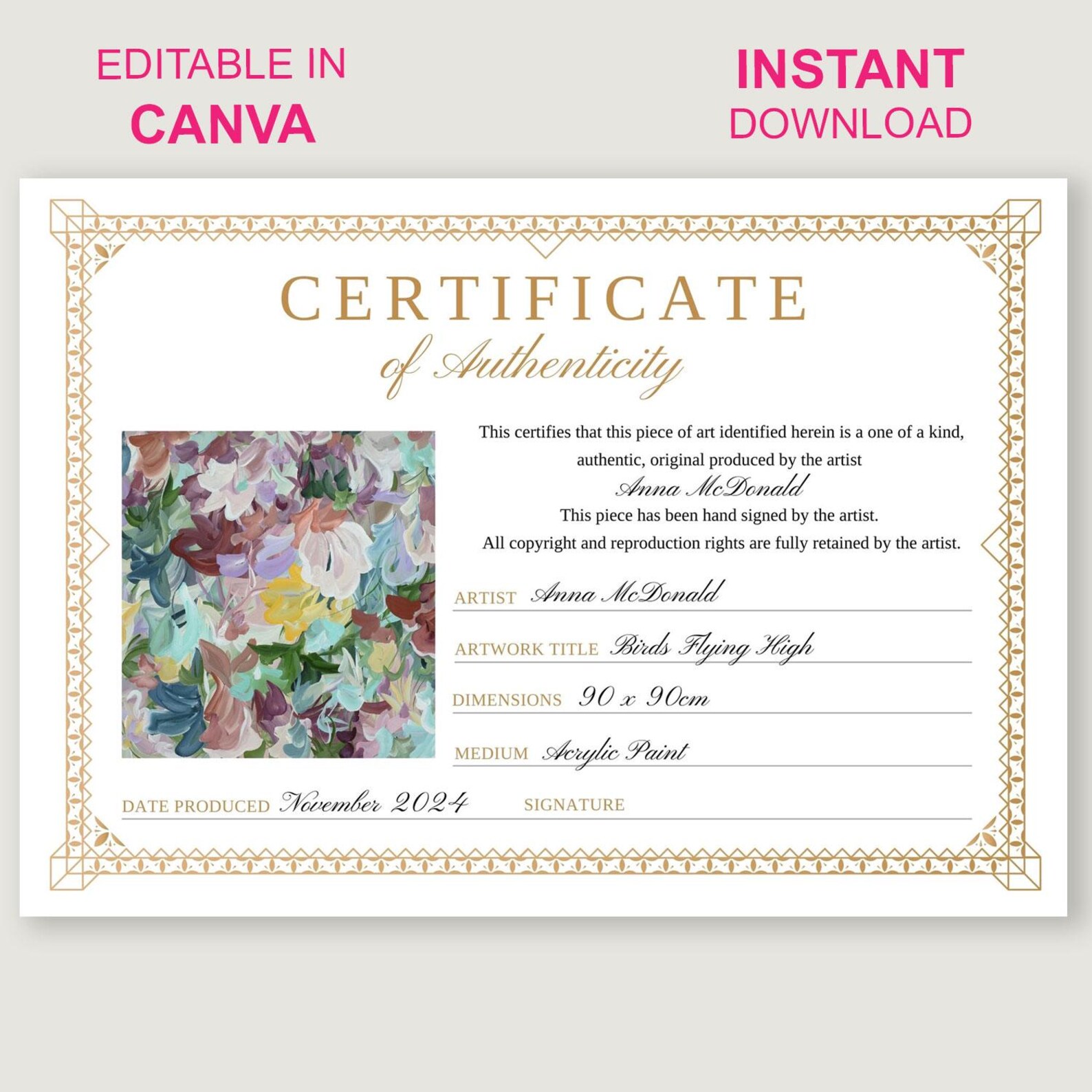 Certificate of Authenticity Customizable Canva Template Artist ...