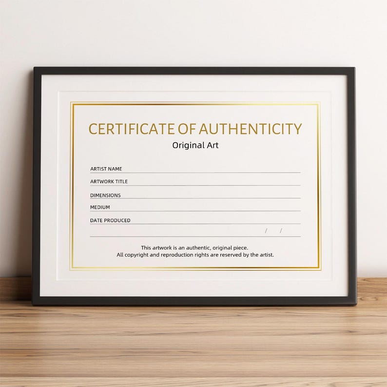 Modern Minimal Gold Certificate of Authenticity. Printable COA Template ...