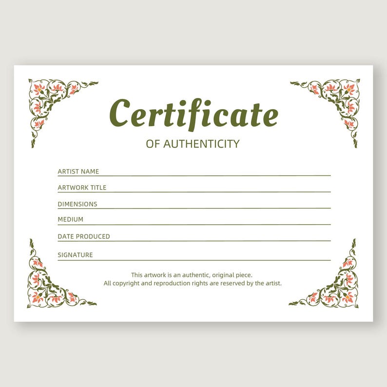 Modern Certificate of Authenticity Printable COA Template Artist ...