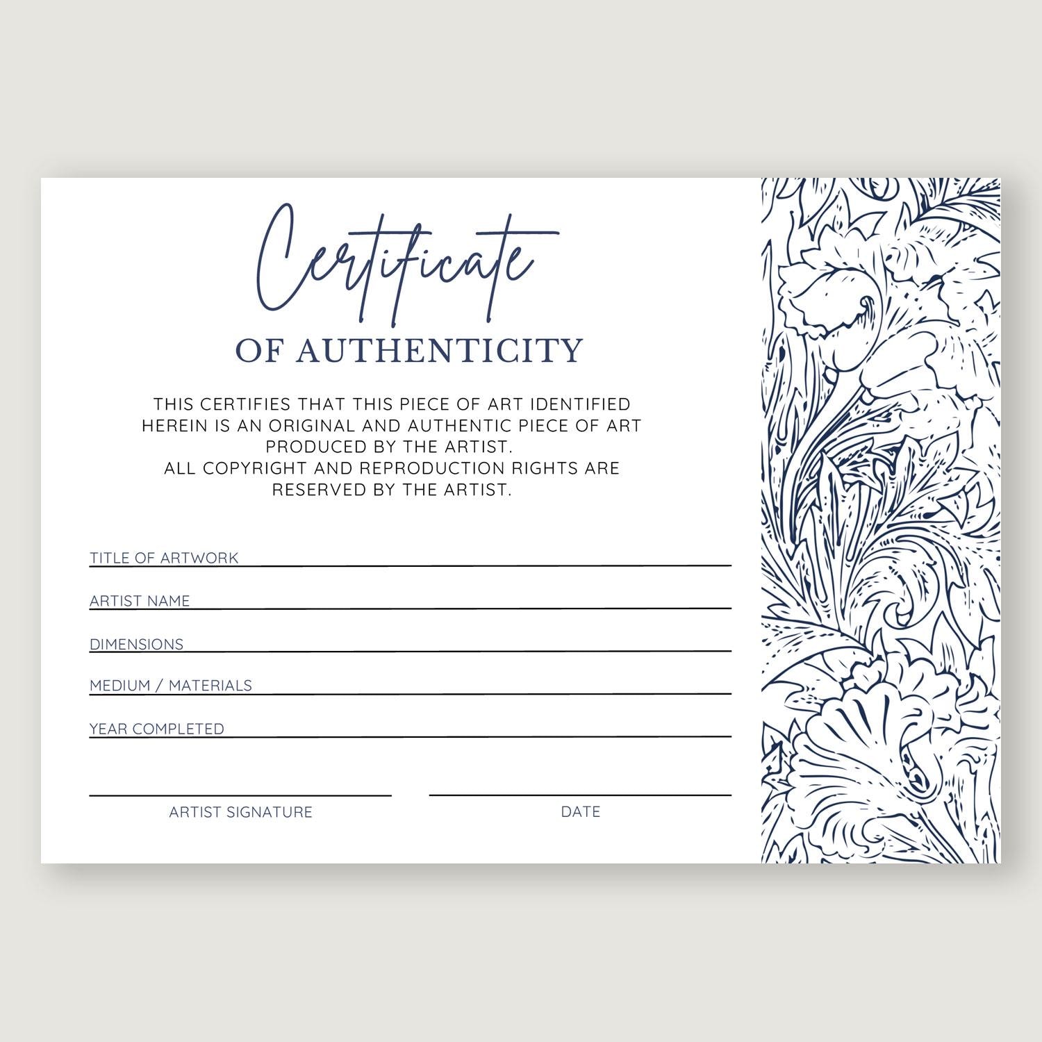 Certificate of Authenticity Artist Original Art Certificate Artist ...