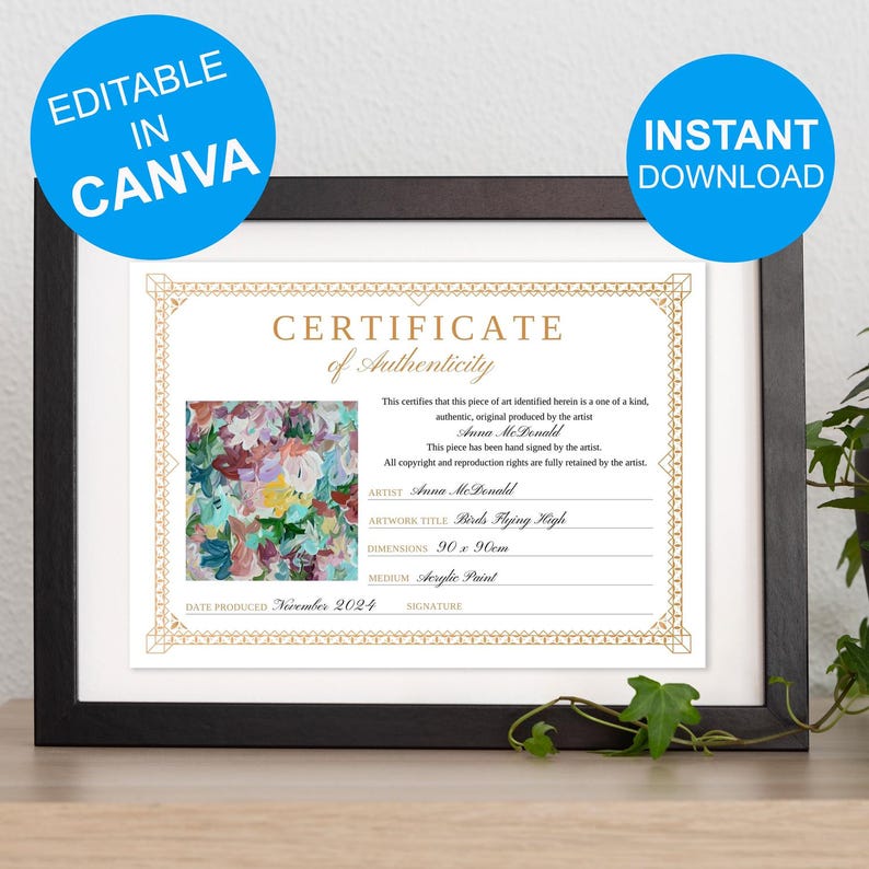 Certificate of Authenticity Customizable Canva Template Artist ...