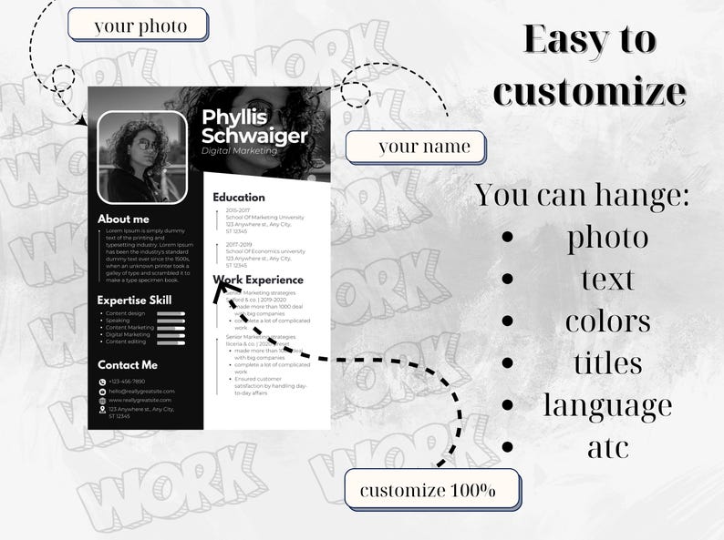 Professional Resume Template Canva: Modern CV With Photo (instant ...