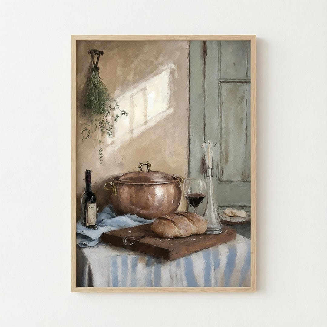 Vintage Rustic Copper Pot Still Life Oil Painting | Muted Red Wine and ...