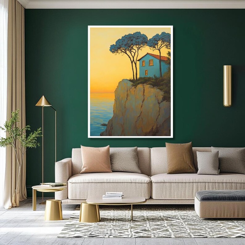 Sunset Cliffside House Canvas Wall Art – Coastal Landscape With Blue ...