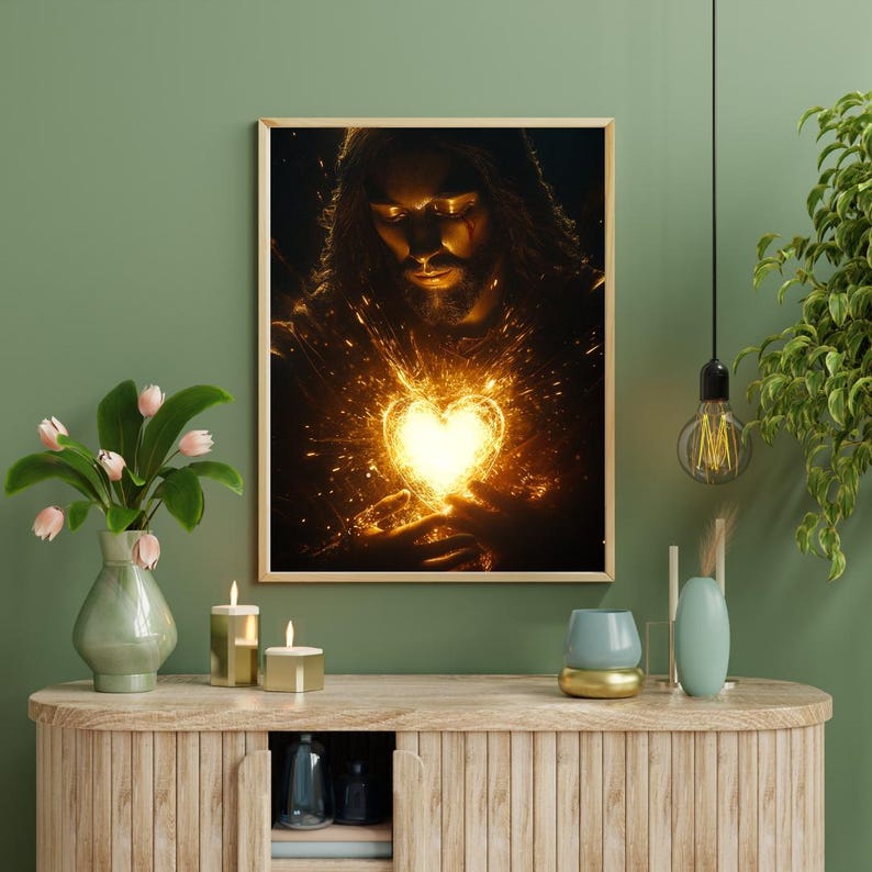 Sacred Heart Wall Art Divine Light Canvas Print Spiritual Golden Glow ...