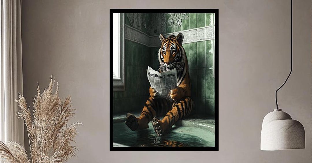 Whimsical Tiger Reading in Bathtub Canvas Art Quirky Animal Decor With ...