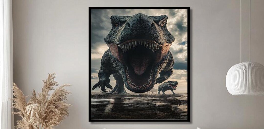 Epic T-rex Canvas Art Realistic Dinosaur Roaring Scene, Jurassic ...