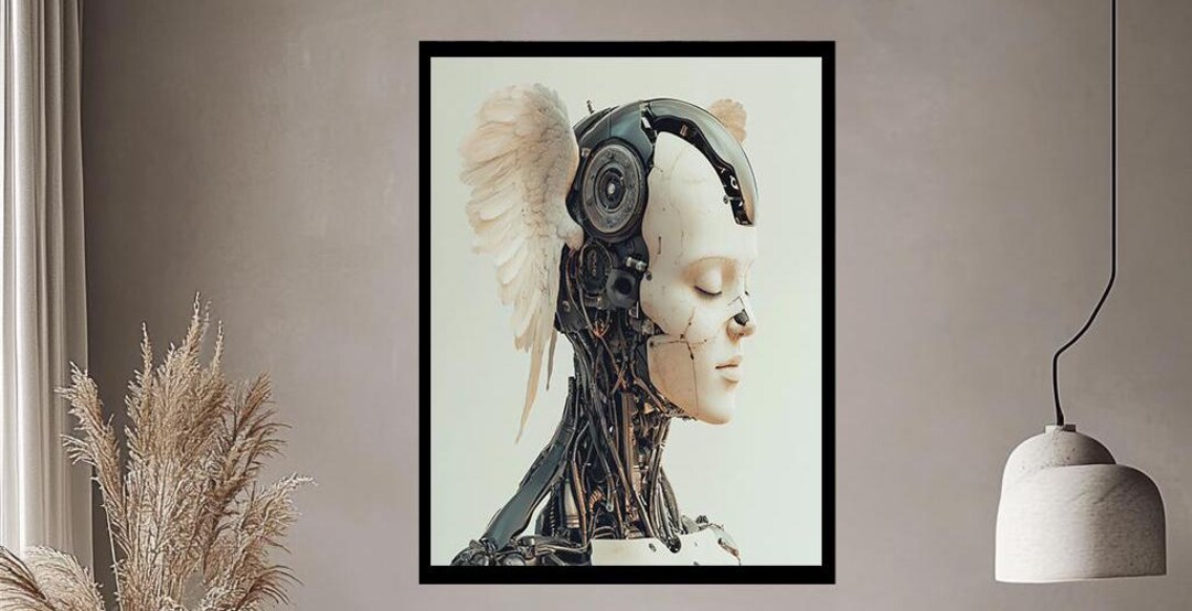 Futuristic Angelic Cyborg Canvas Wall Art – Surreal Sci-fi Portrait of ...