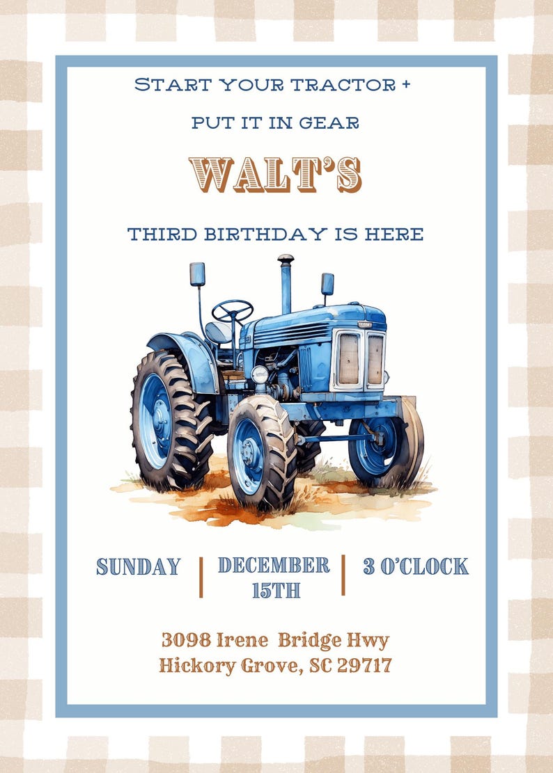 Blue Tractor Birthday Invitation DIGITAL DOWNLOAD - Etsy