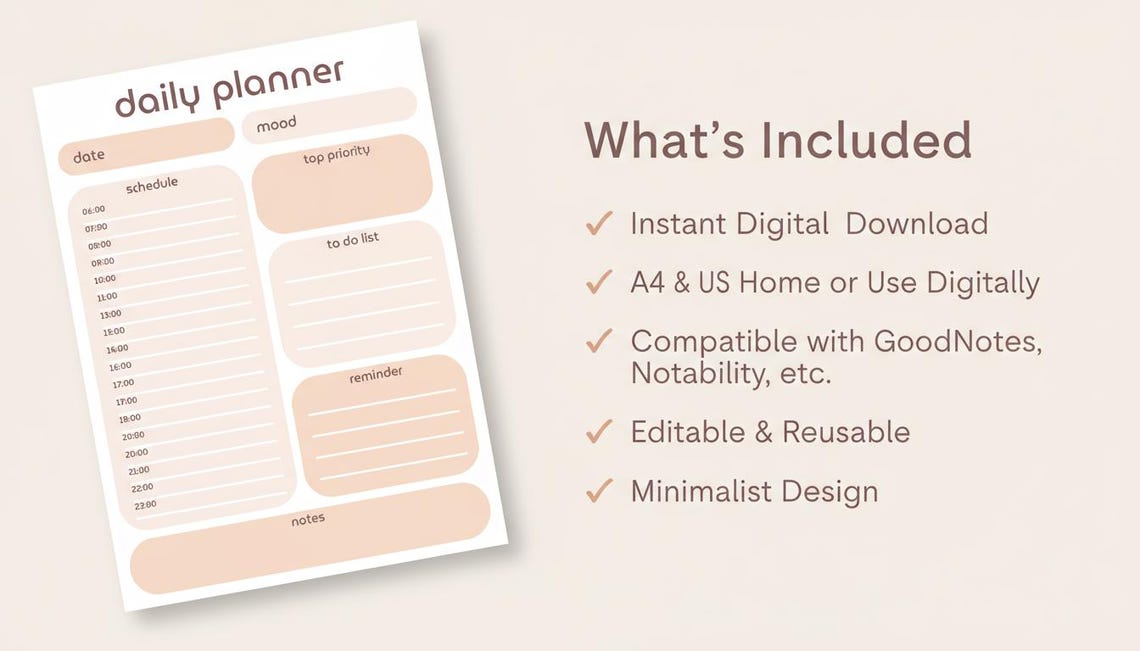 Minimalist Pink Digital Daily Planner | Hyperlinked PDF, Time Blocking ...