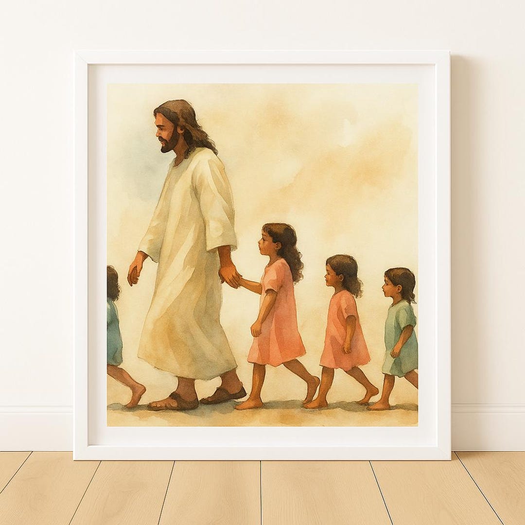 Jesus Walking With Children Wall Art - Christian Watercolor Print ...