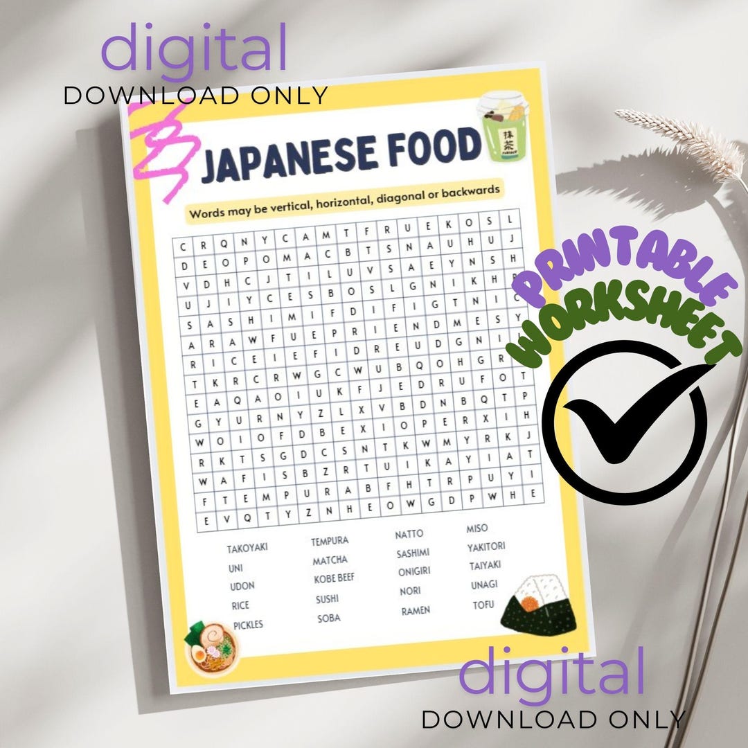 Japanese Food Word Search Challenging Educational Printable Puzzle for ...