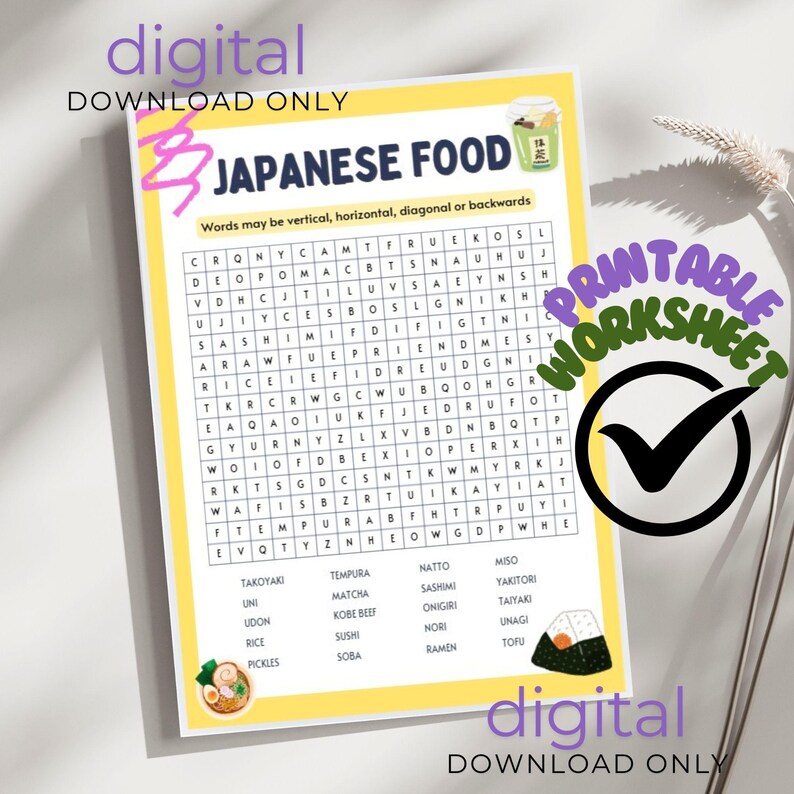 Japanese Food Word Search Challenging Educational Printable Puzzle for ...