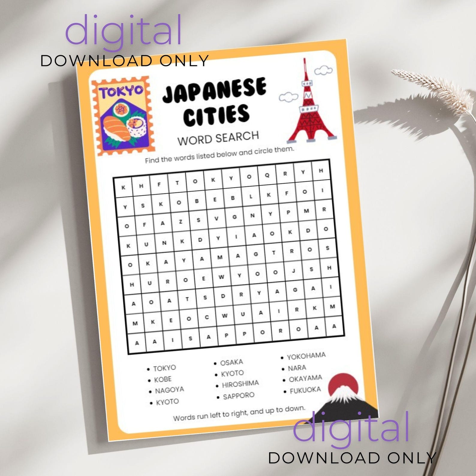 Japanese Cities Word Search for Kids Fun and Educational Printable Word ...