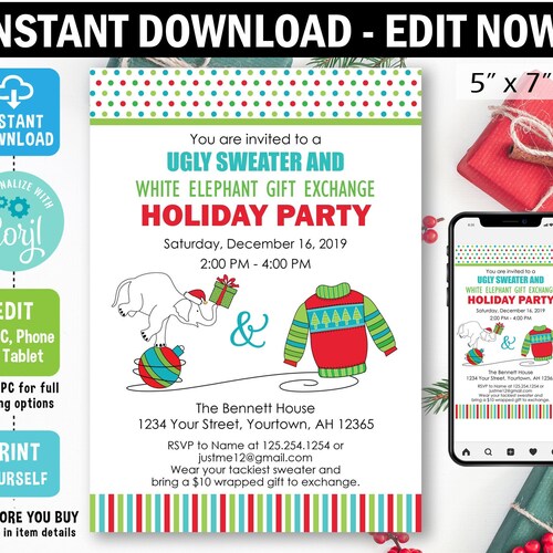 White Elephant Invitation Gift Exchange Elephant Christmas - Etsy