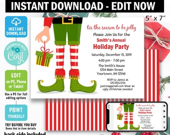 Christmas Holiday Party Invitation Editable Template Elf - Etsy