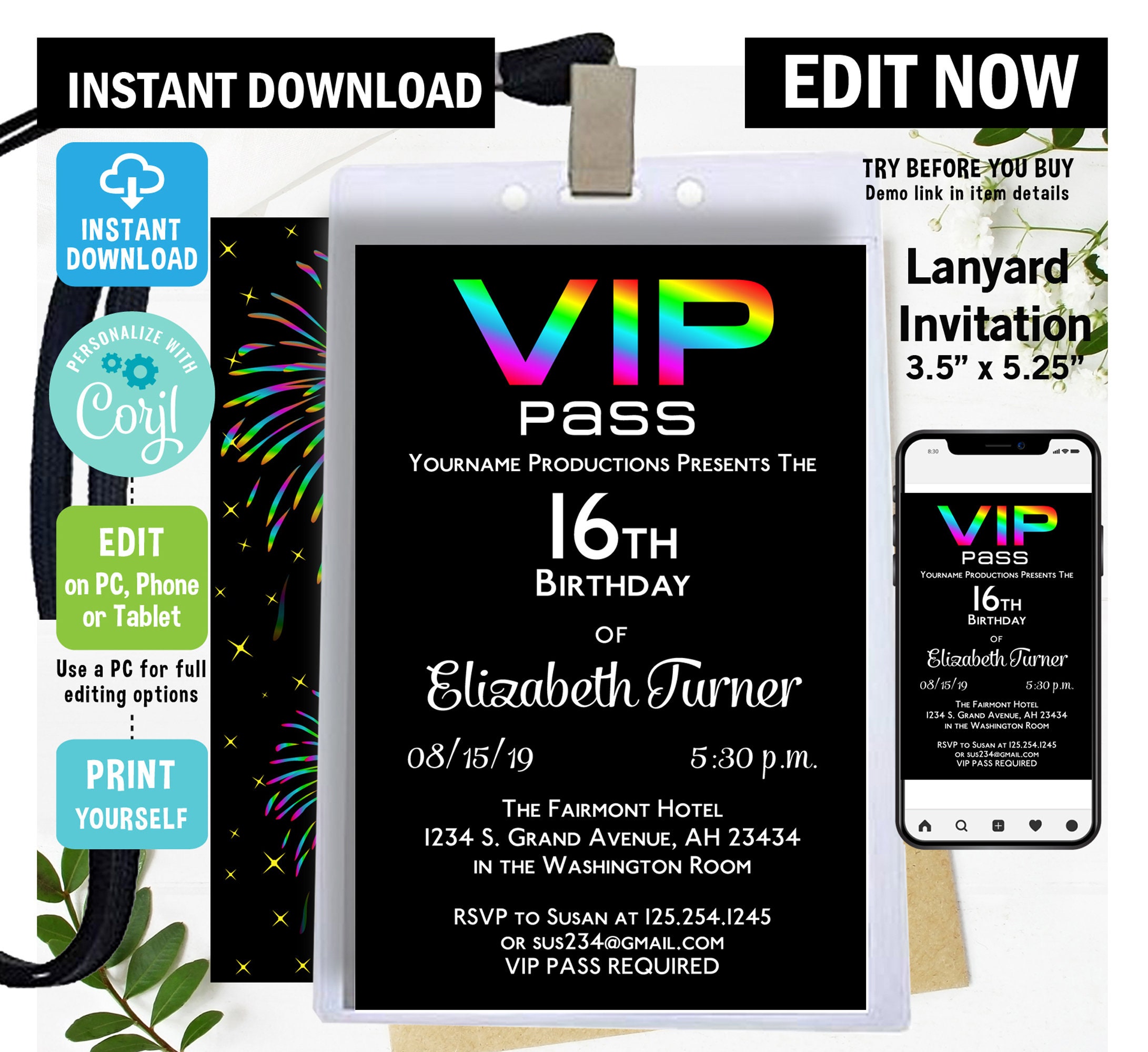 VIP PASS Birthday Lanyard Invitation Edit on Corjl VIP - Etsy