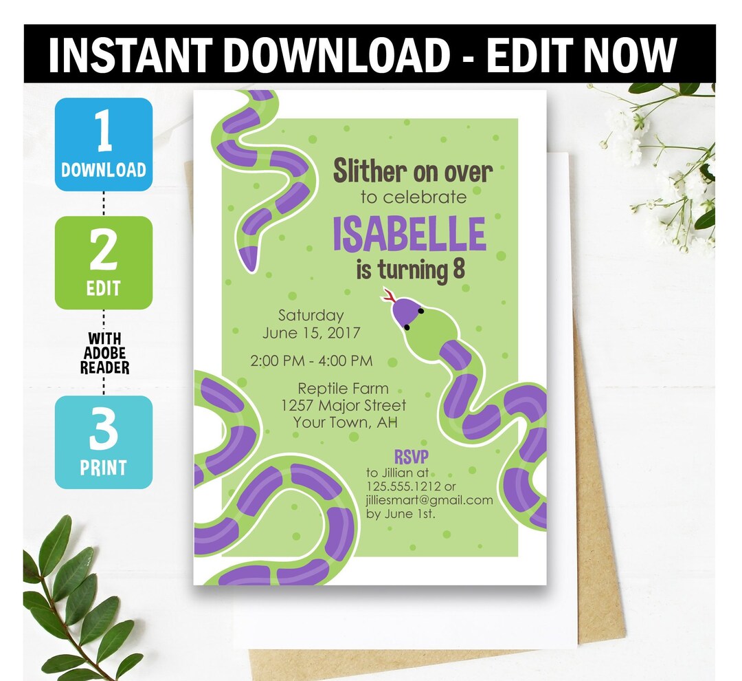 Reptile Invitation, Snake Birthday Invitation, Purple Snake Birthday ...