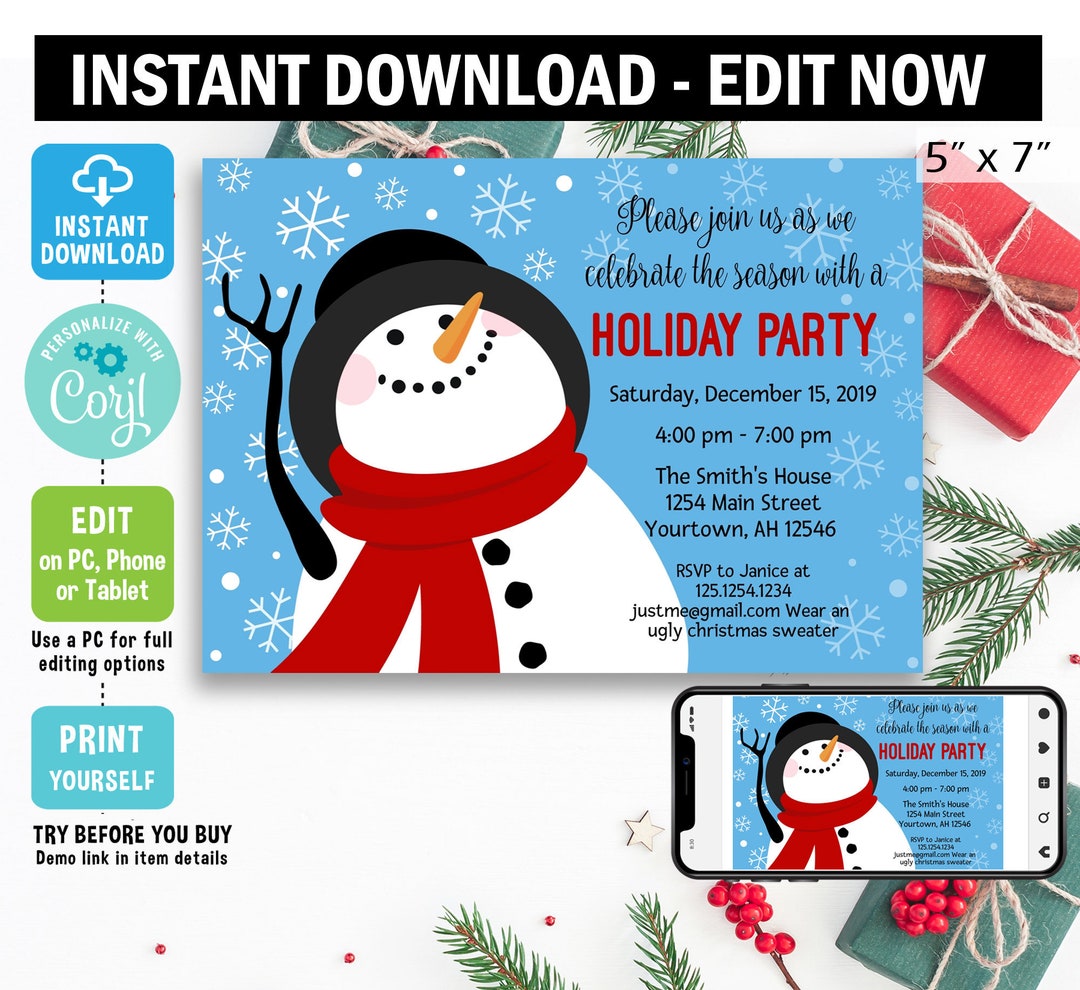 Snowman Holiday Party Invitation, Digital, Corjl EDIT, Christmas ...