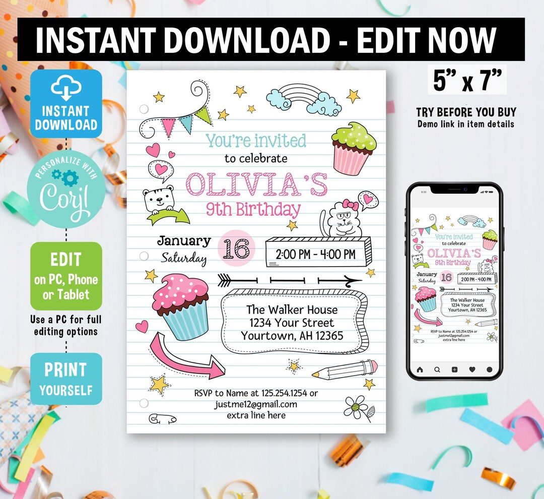 Birthday Invitation, Edit in Corjl, Notebook Page Invitation, Notebook ...