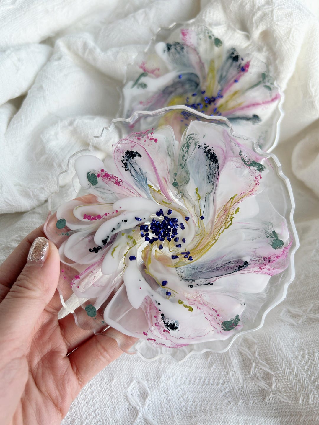 Resin Coaster [floral Fusion] - Set of 2 Purple and Green 3D Flower ...