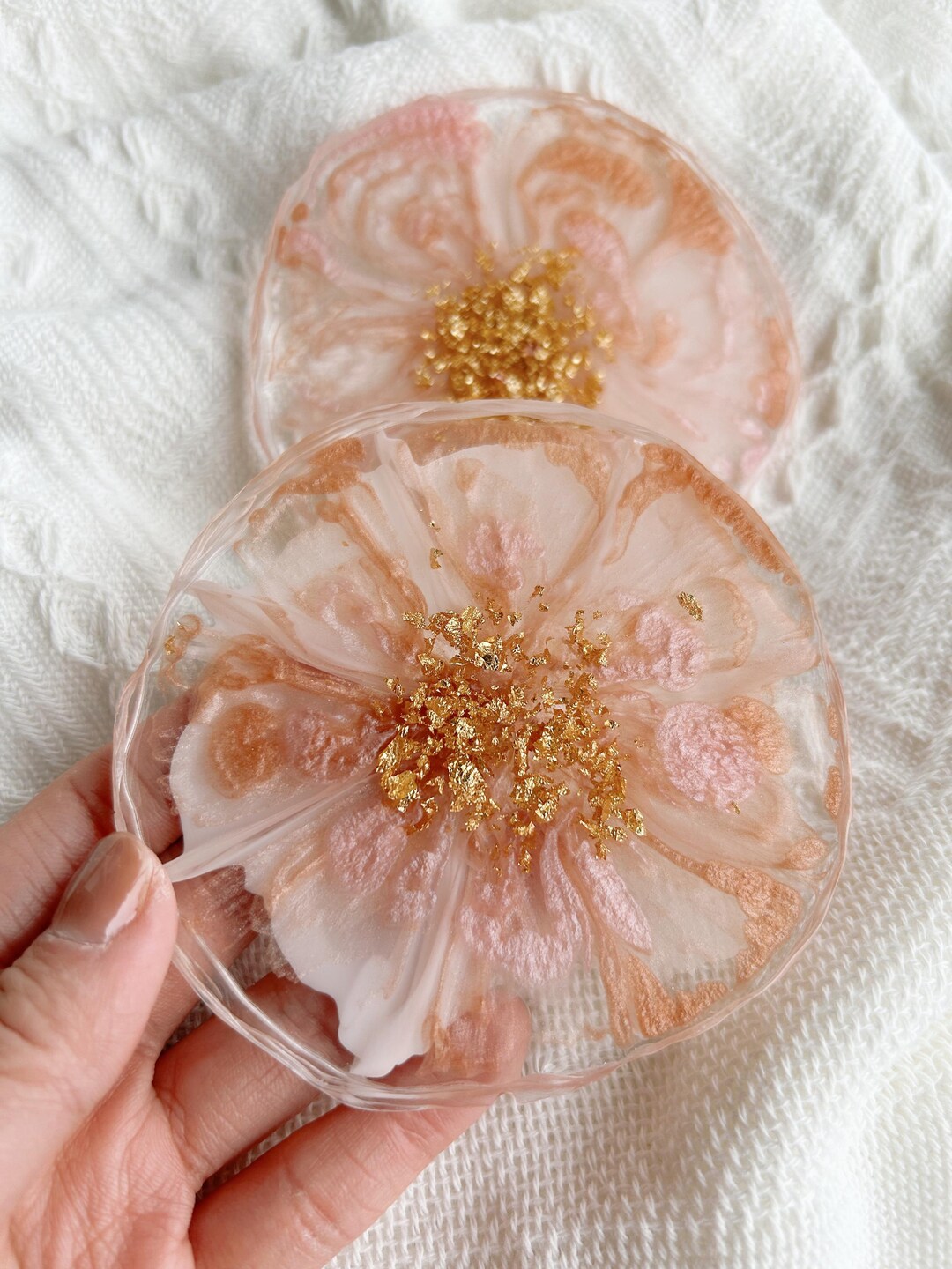 Resin Coaster [floral Fusion] - Set of 2 3D Pink & Bronze Flower With ...