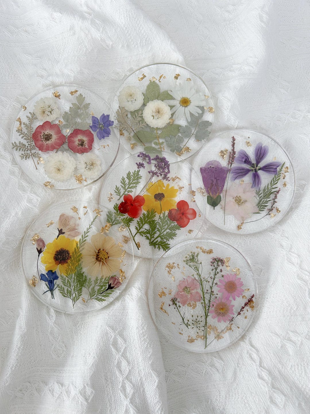 Resin Coaster [floral Fusion] - Dried Pressed Flowers, With Gold Leaf ...