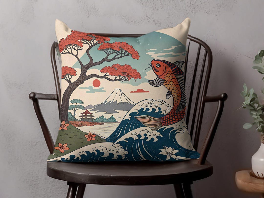 Japanese Koi Fish Pillow, Mount Fuji Ocean Art Cushion - Etsy