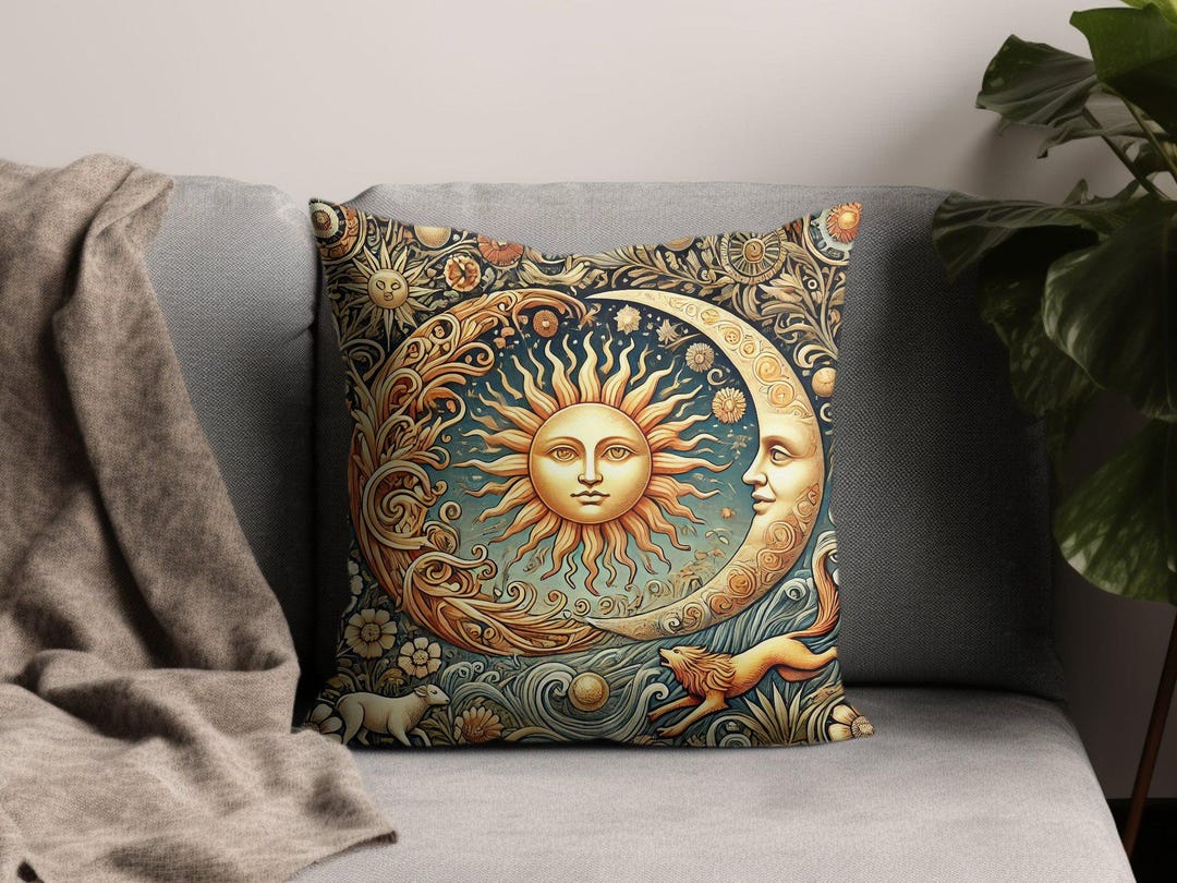 Sun and Moon Pillow, Celestial Decorative Cushion, Boho Sun Moon Stars Pillow, Vintage Bohemian ...