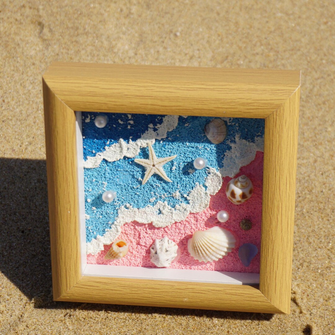 Seashell Collage Art, Seashell Home Decor, Stand Frame, Real Sand and ...