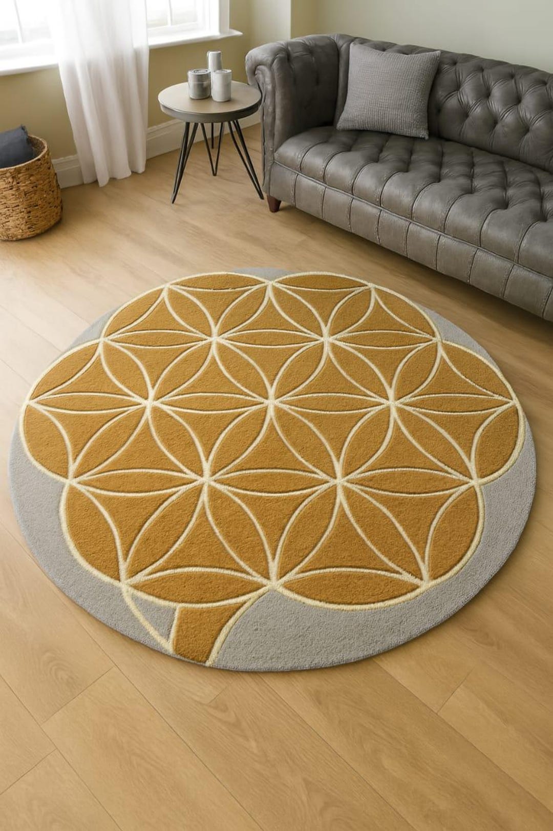 Modern Mustard Yellow Round Rug: Geometric Flower Pattern - Etsy