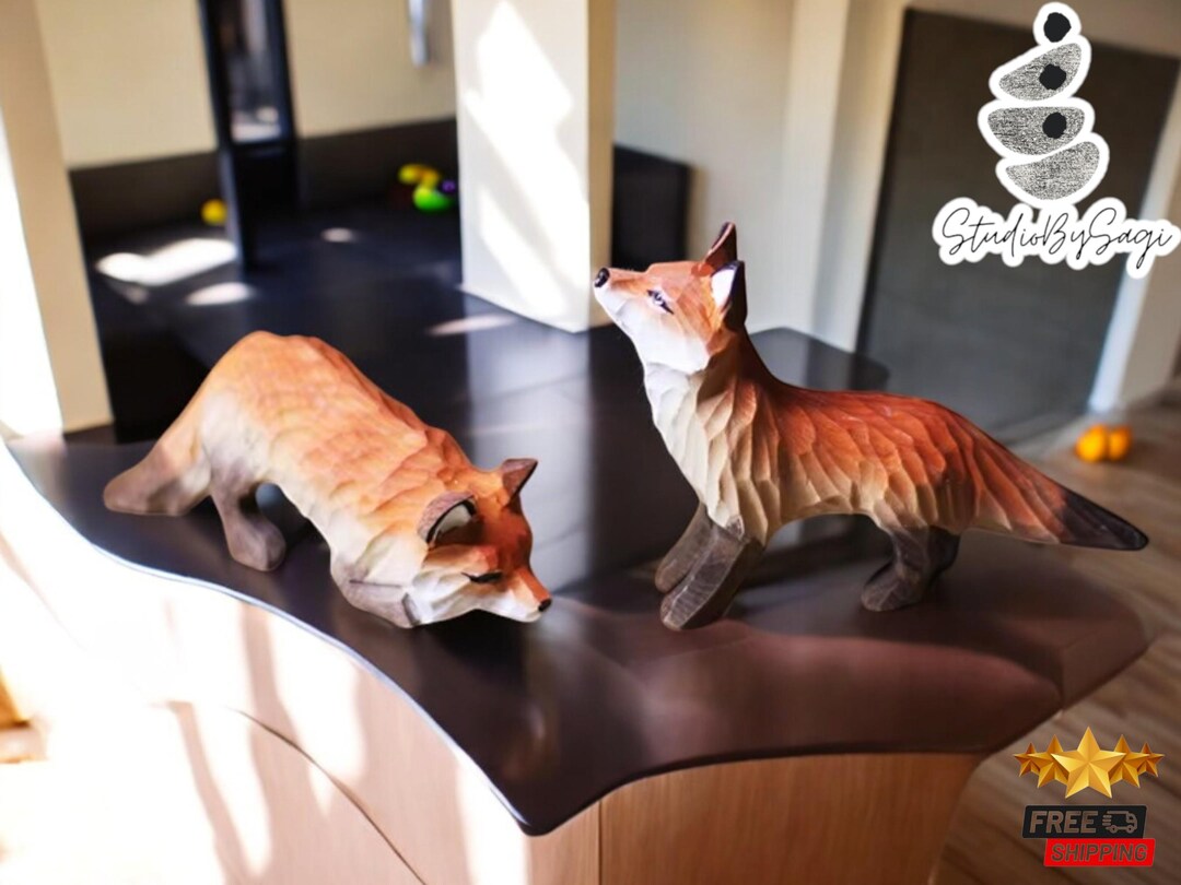 Artisan-carved Wooden Fox | Rustic Vulpine Sculpture | Red Wild Canine Figurine | Woodland Home ...