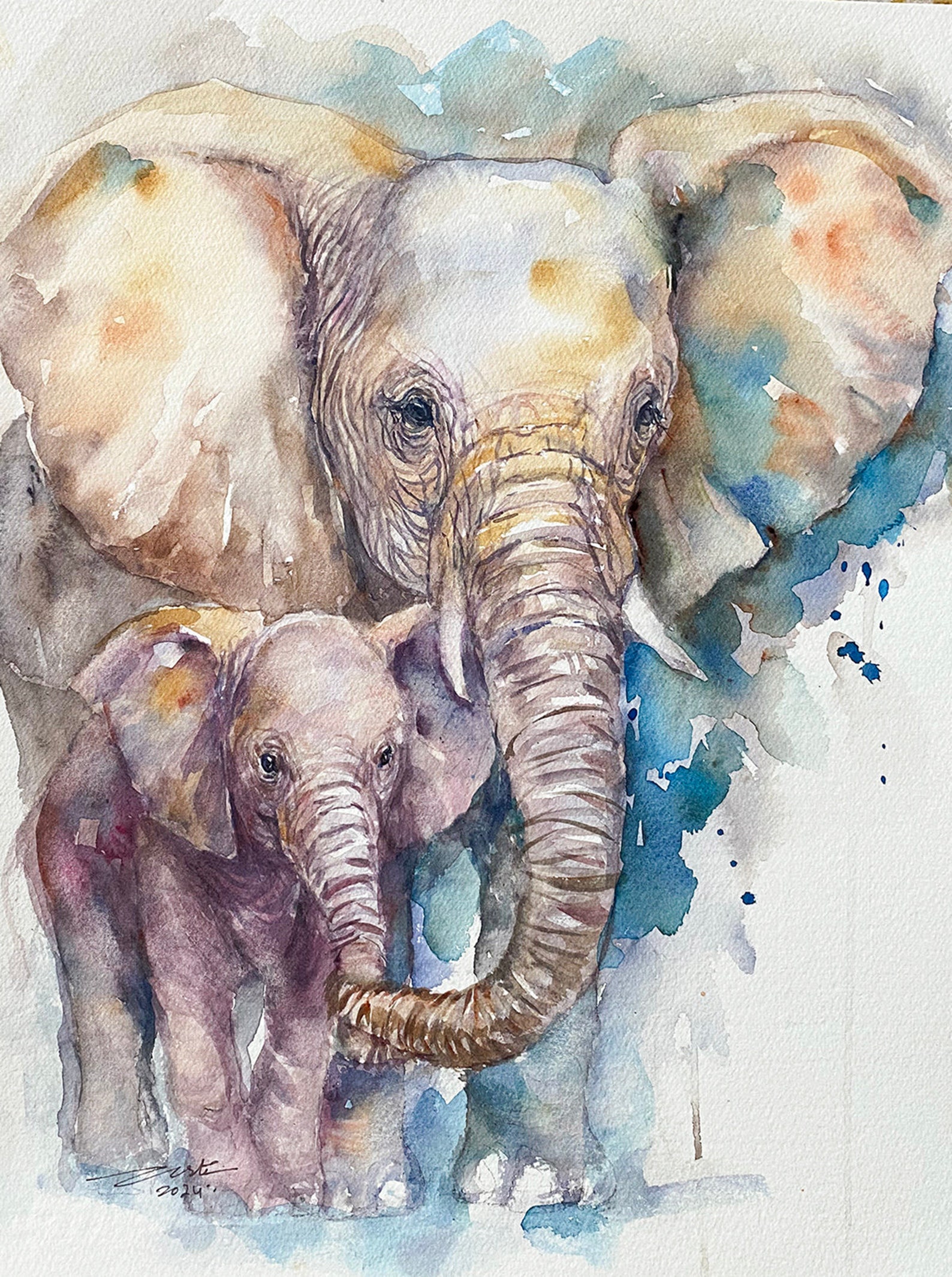 Baby Elephant and Mother Watercolor Animal Art Original Painting 10x14 ...