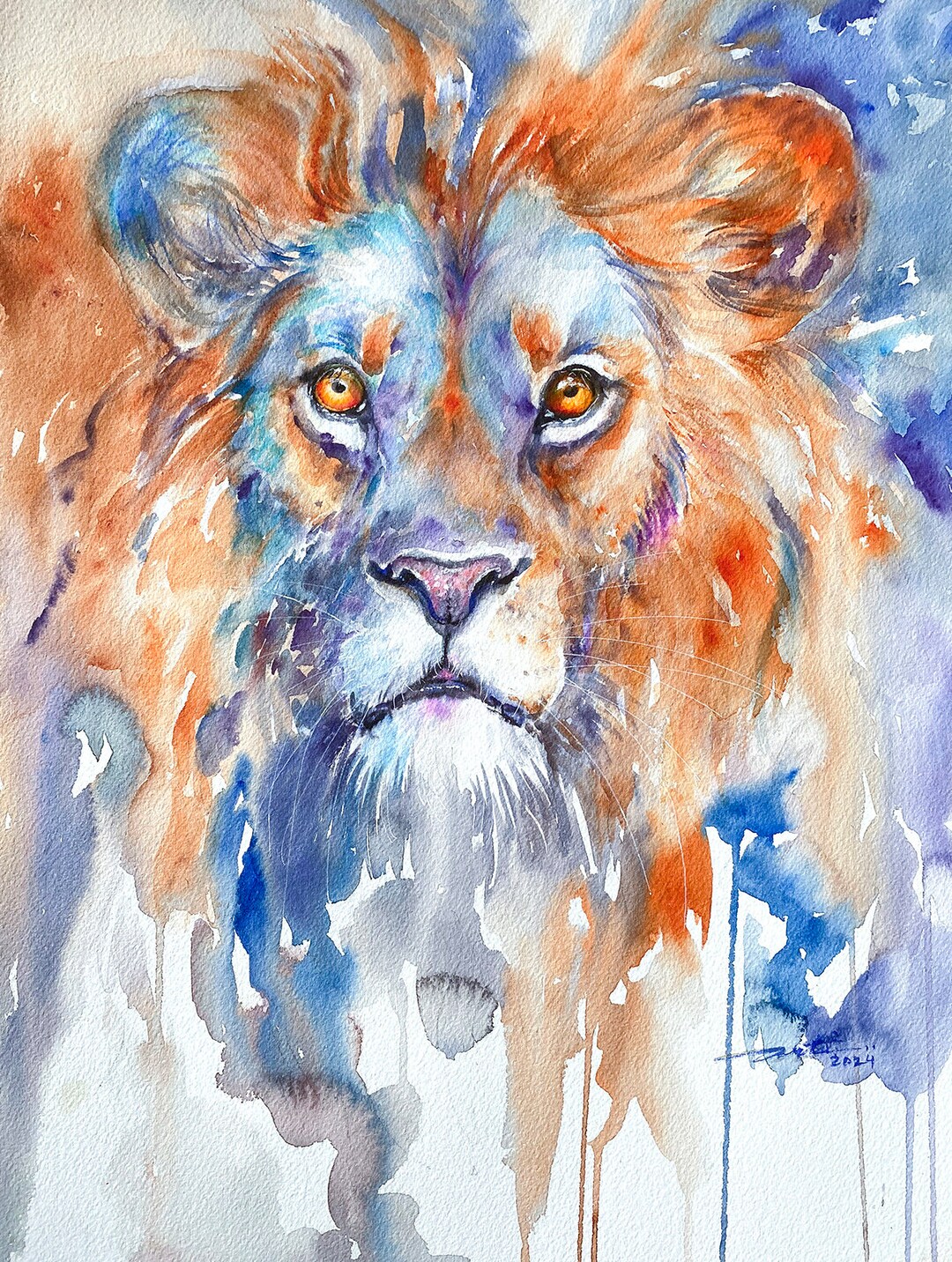 Blue LION Art Watercolor Original Painting Animal Art 12x16 - Etsy