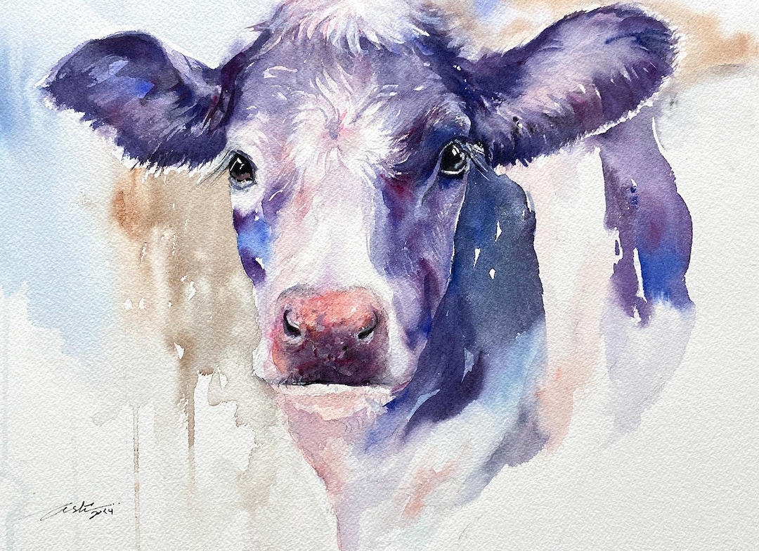 Cow Blue Farm Animals Original Watercolor Painting 10x14 - Etsy