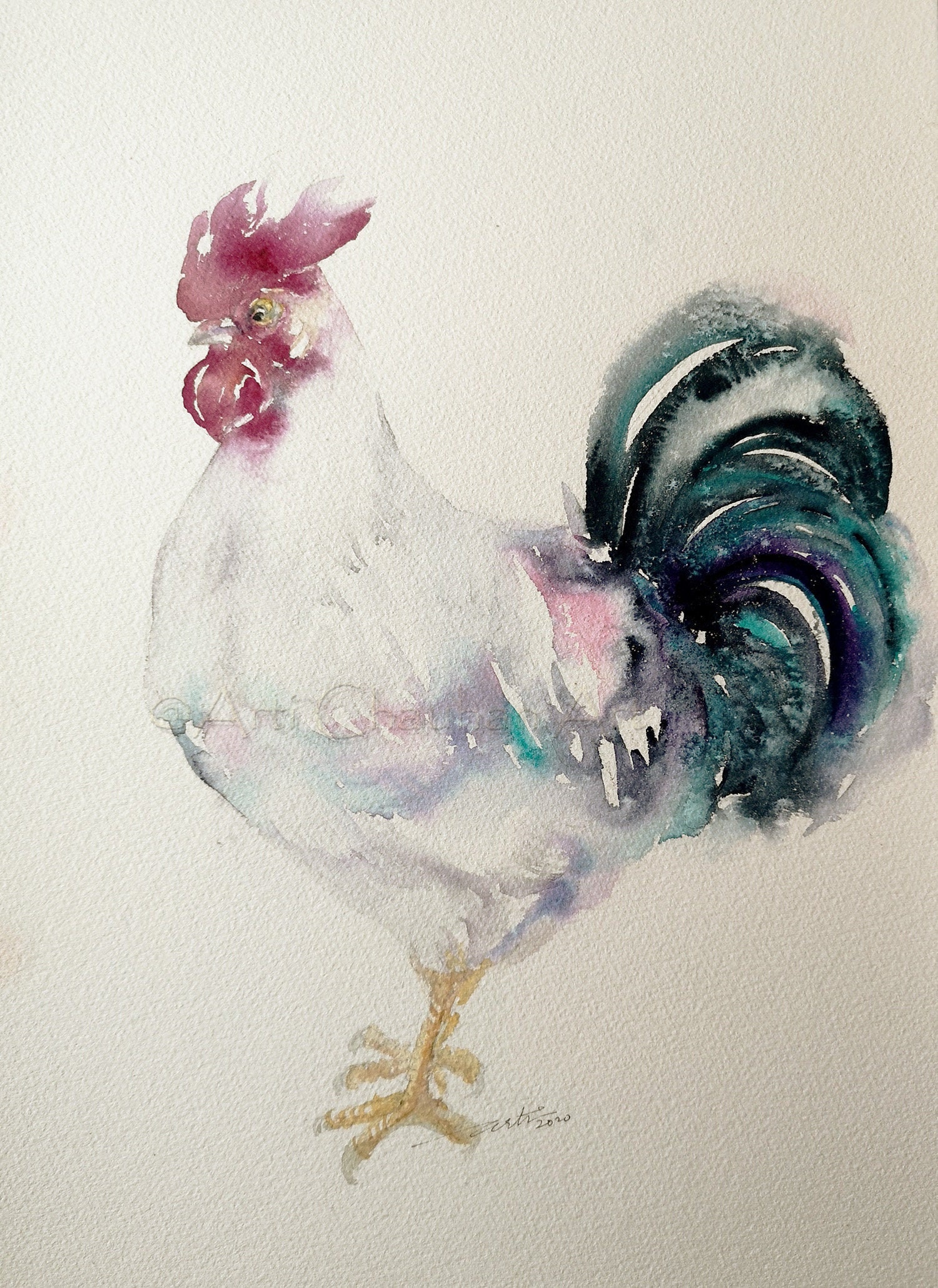 White Rooster Watercolour Painting Chicken Art Original Art 10x14 - Etsy
